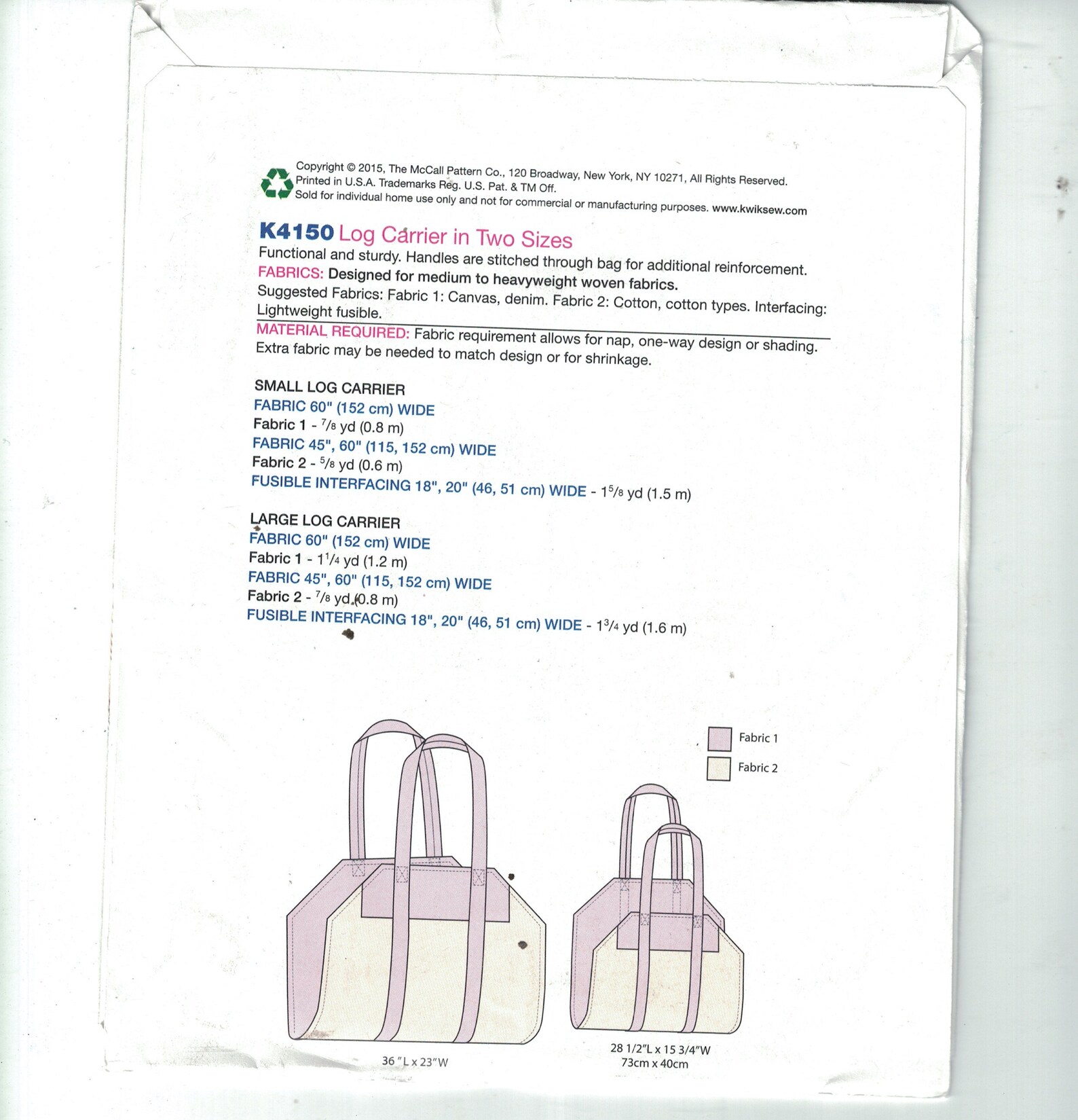 Craft Sewing Pattern Kwik Sew K4150 4150 Log Tote Carrier - Etsy