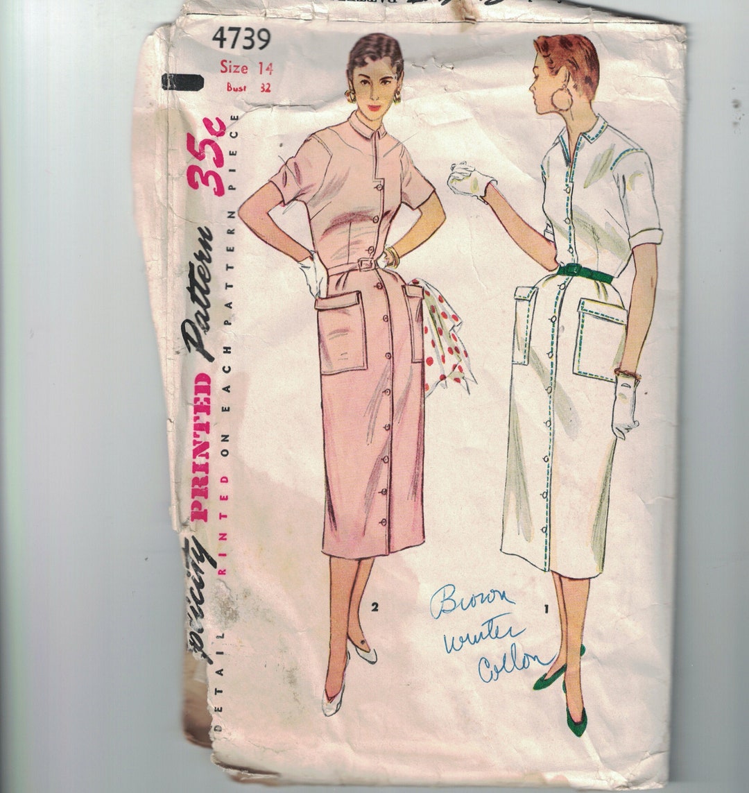1950s Vintage Sewing Pattern Simplicity 4739 Misses Button Front Slim ...