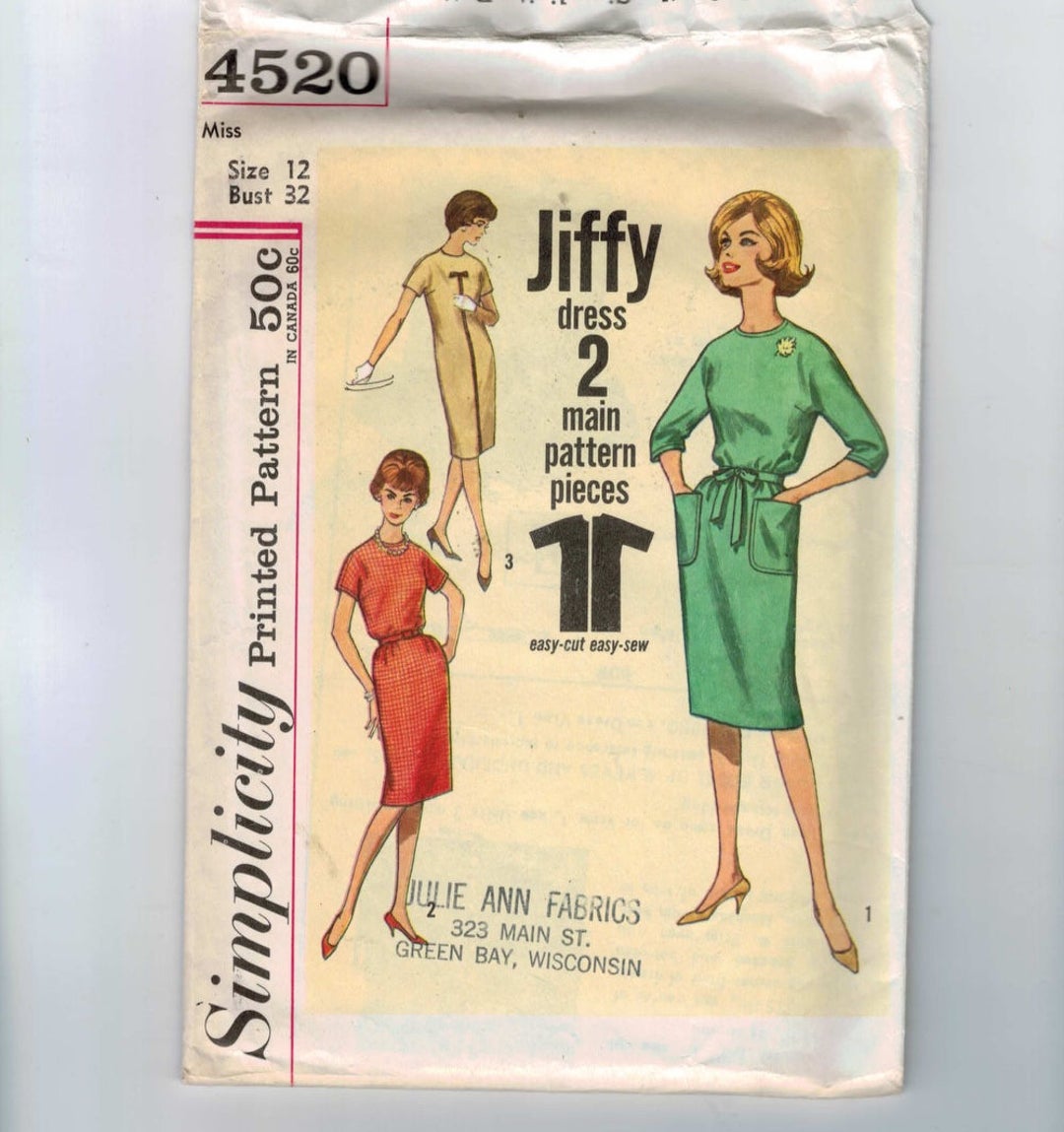 1960s Vintage Sewing Pattern Simplicity 4520 Misses Easy Jiffy Shift Dress With Pockets Size 12 ...