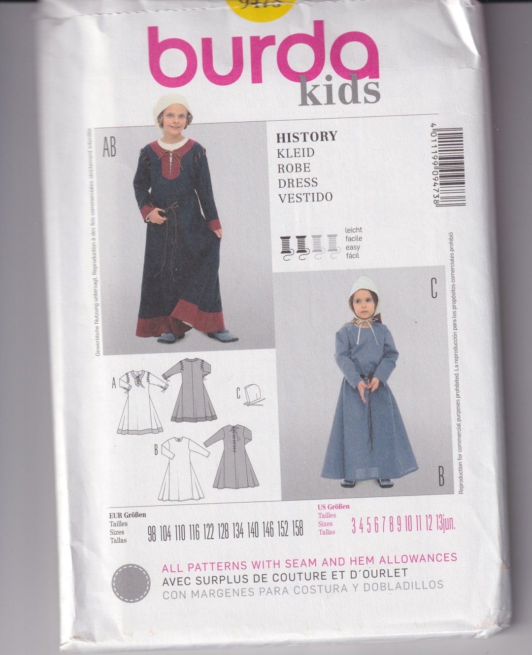 Kids Sewing Pattern Burda 9473 Girls Medieval Gown Dress Costume SCA ...
