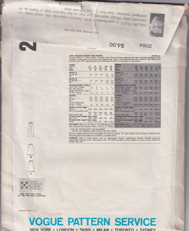 1980s Sewing Pattern Vogue 2064 Calvin Klein American Designer Easy ...