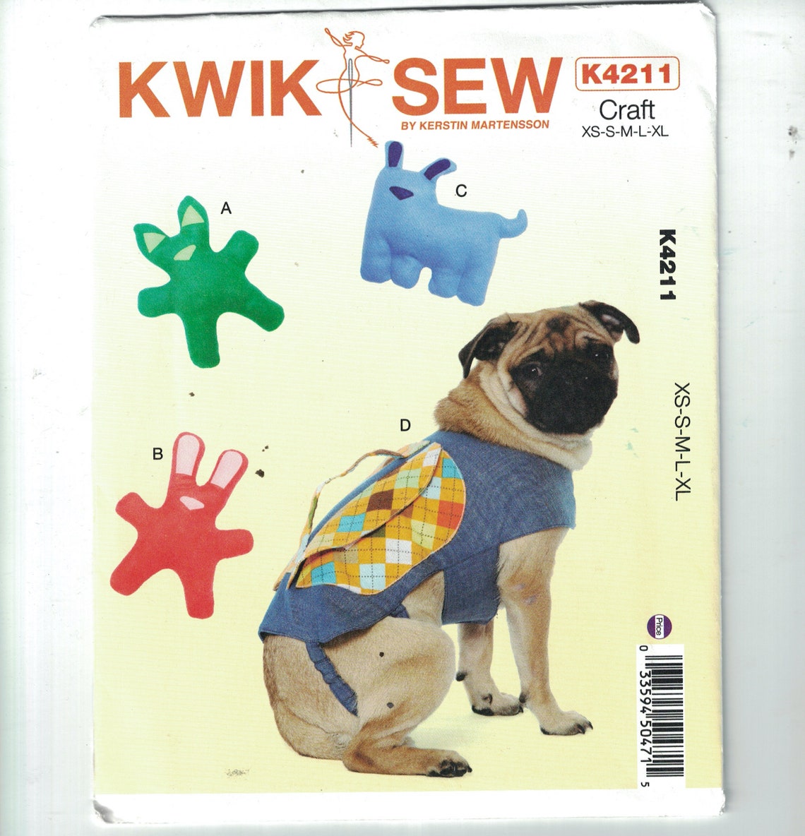 Craft Sewing Pattern Kwik Sew K4211 4211 Dog Backpack and Stuffed Toys ...