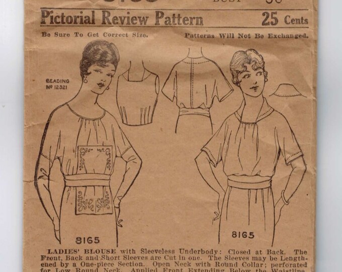 1910s Vintage Sewing Pattern Pictorial Review 8165 Blouse Waist ...