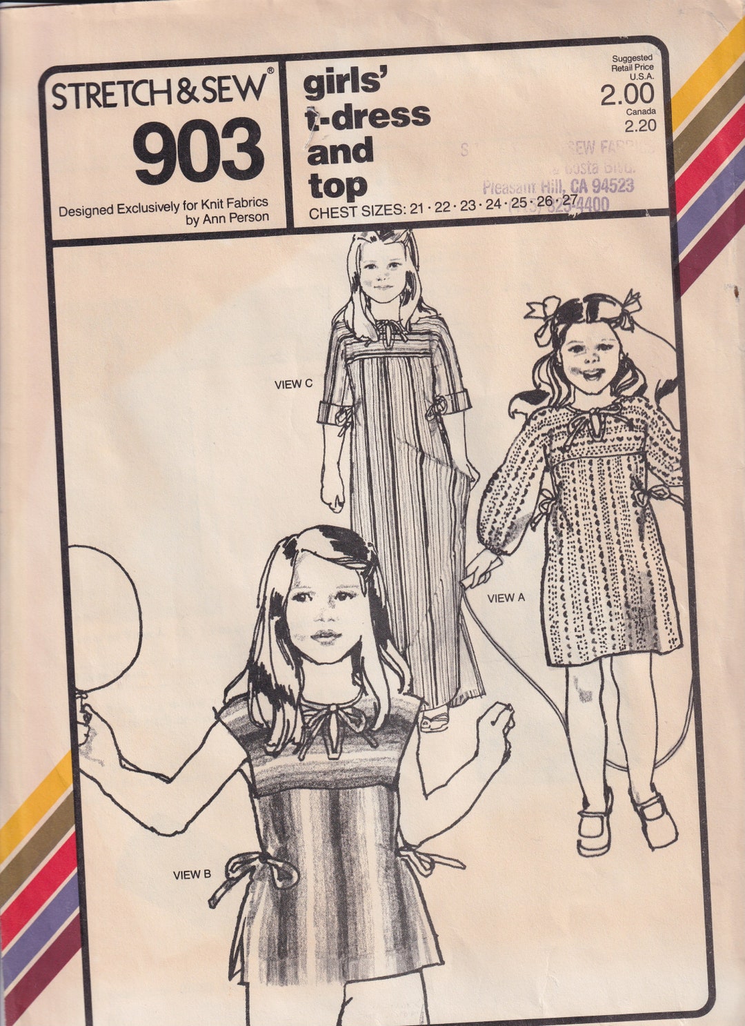 1970s Vintage Sewing Pattern Stretch and Sew 903 Girls T-dress and Top ...