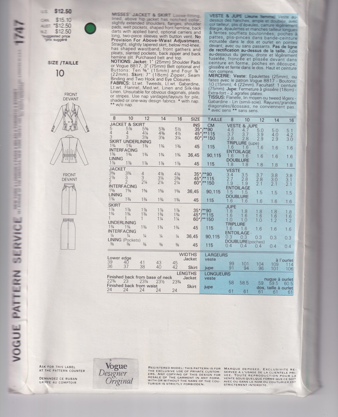 1980s Vintage Sewing Pattern Vogue Paris Original 1747 Karl Lagerfeld ...