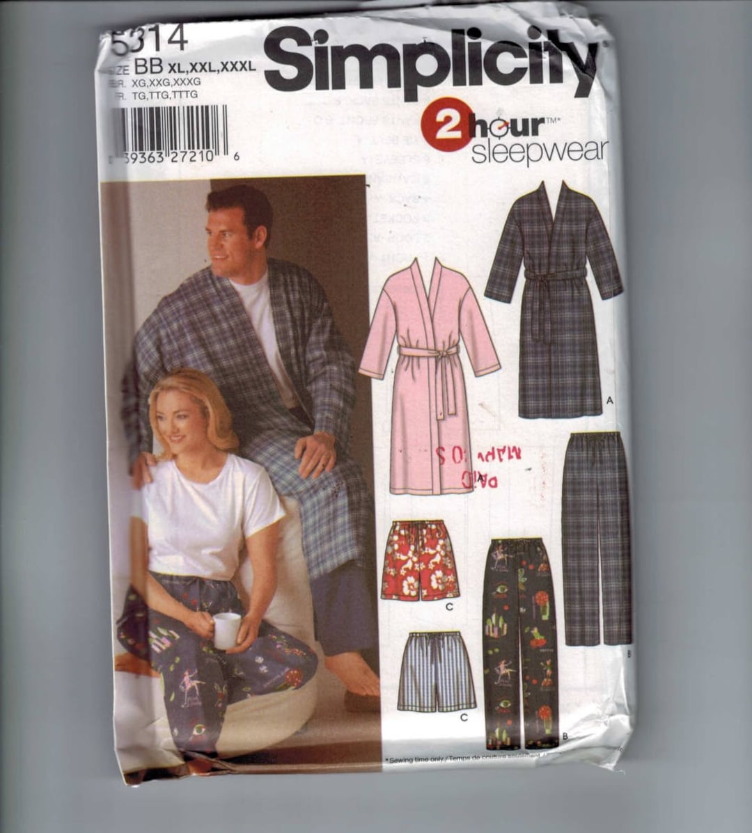 Unisex Sewing Pattern Simplicity 5314 Mens Misses Robe Pajama Pants ...