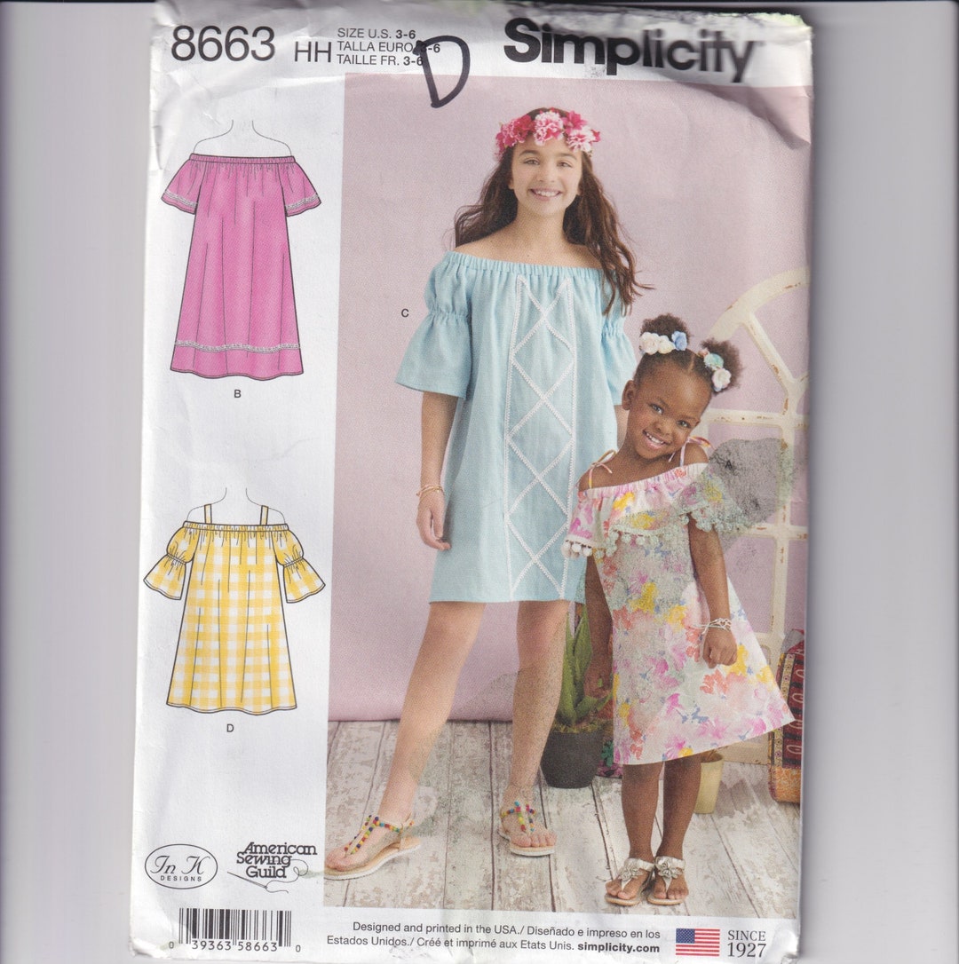 Kids Sewing Pattern Simplicity 8663 Girls Peasant Dress off Shoulder Boho Style Size 3-6 UNCUT ...