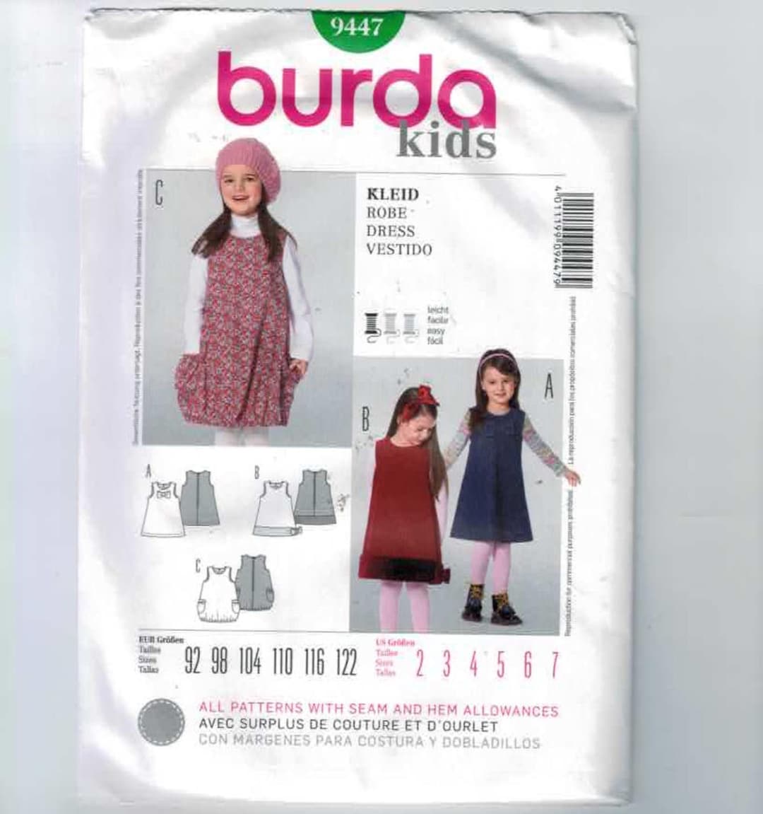 Kids Sewing Pattern Burda 9447 Girls Easy Dress or Jumper Bubble Size 2 ...