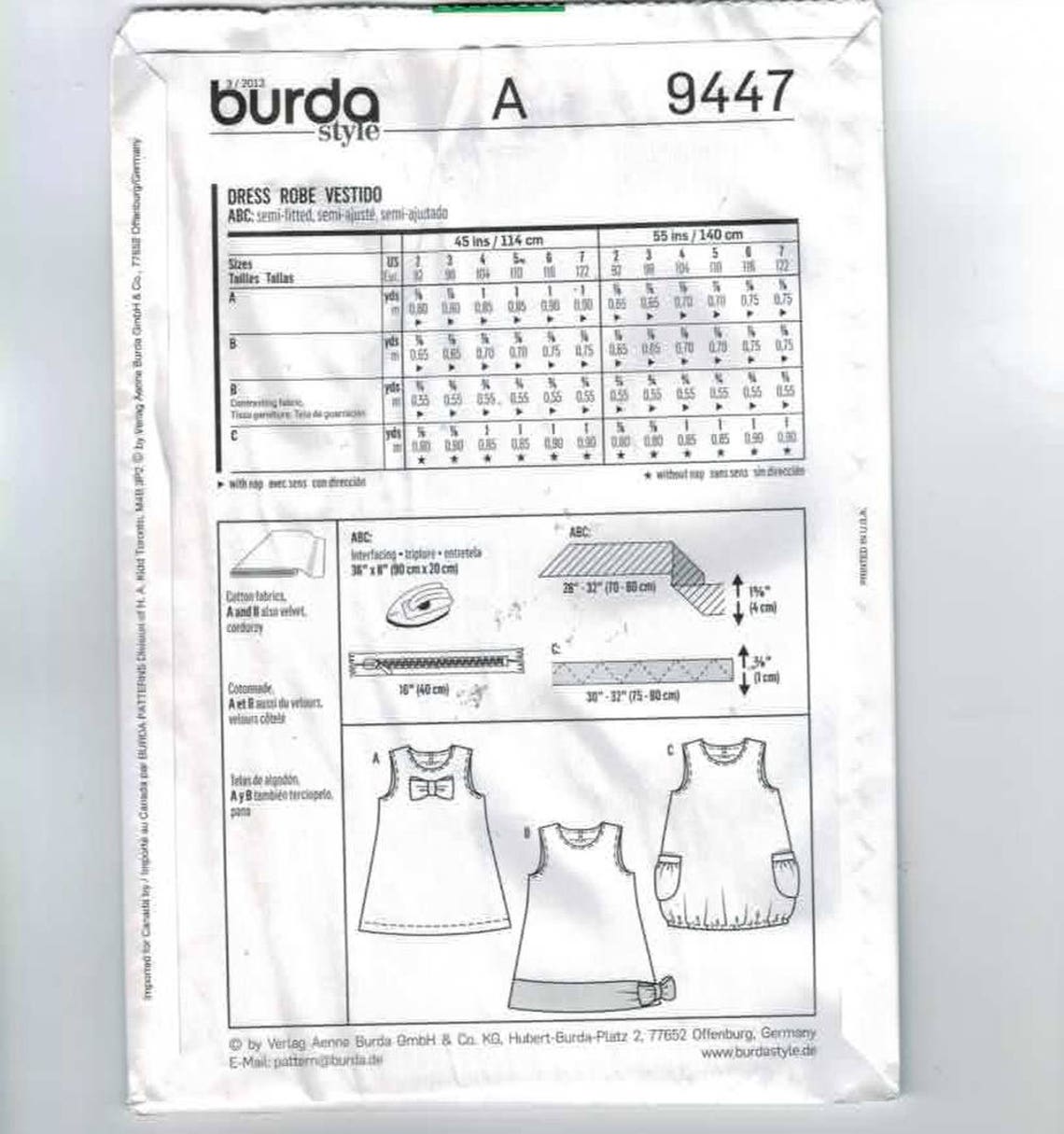 Kids Sewing Pattern Burda 9447 Girls Easy Dress or Jumper Bubble Size 2 ...