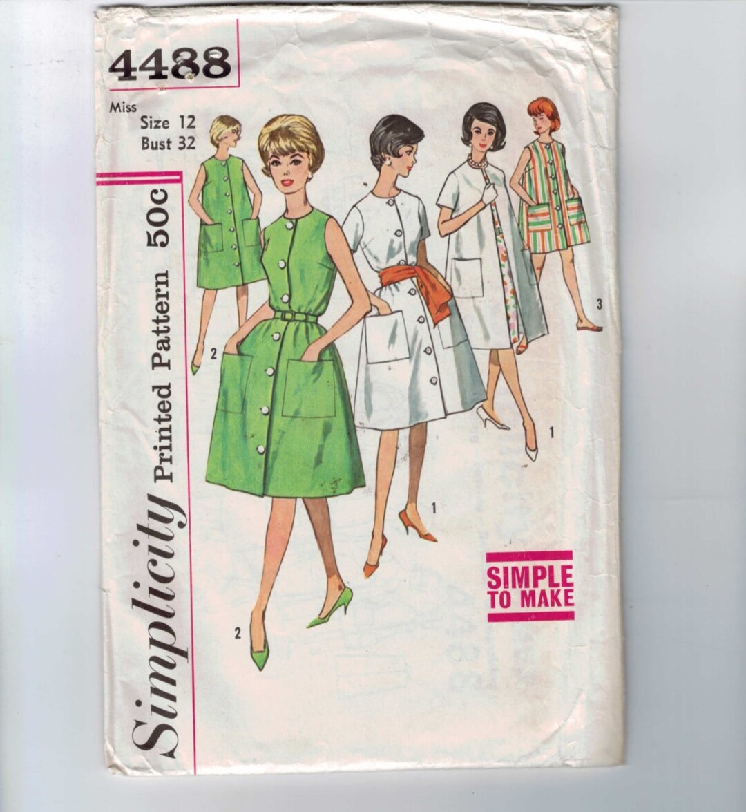 1960s Vintage Sewing Pattern Simplicity 4488 Misses One Piece Dress ...