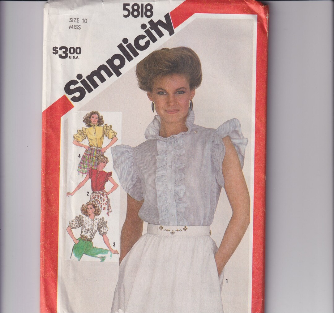 1980s Misses Sewing Pattern Simplicity 5818 Ruffle Front Prairie Blouse ...