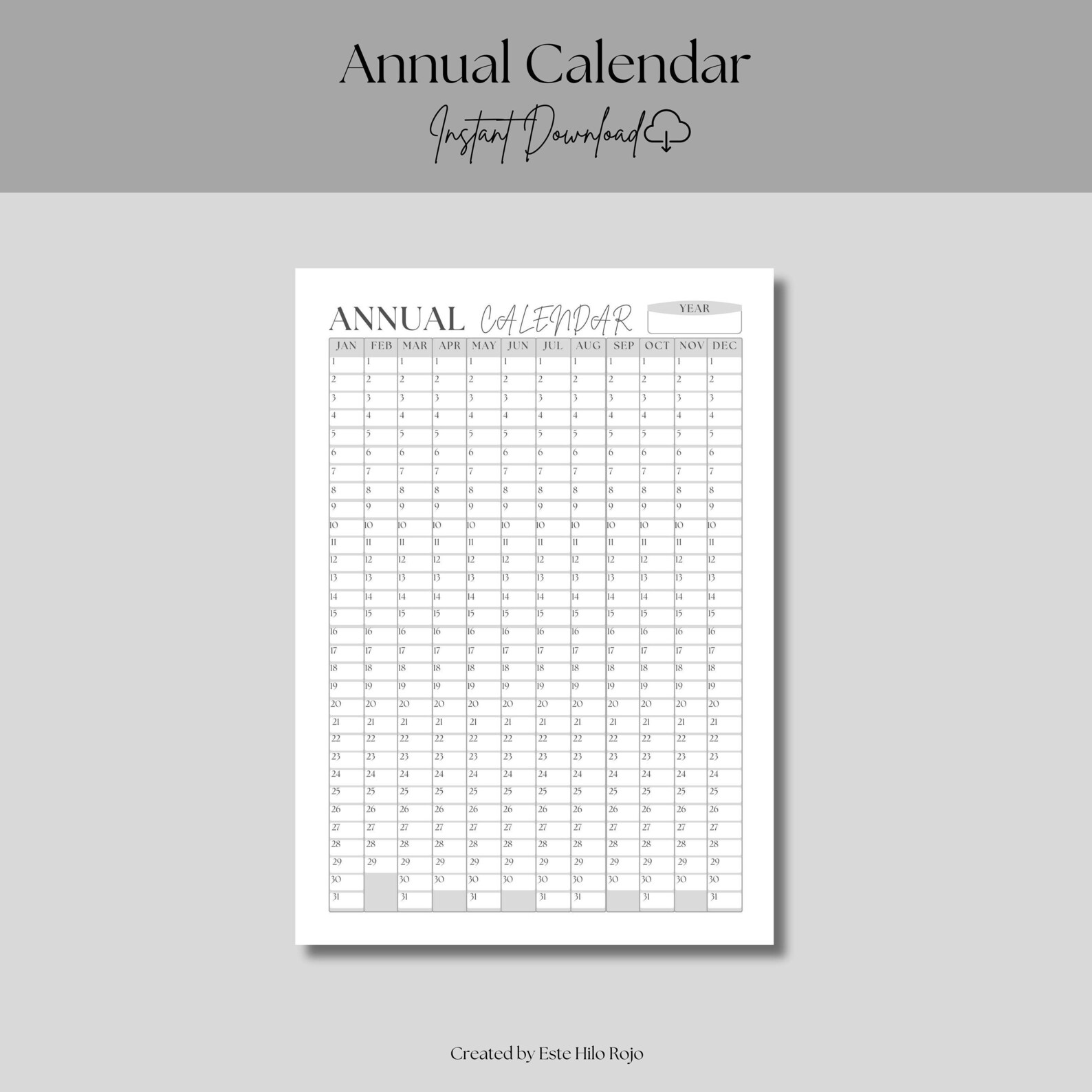 Annual Calendar, Yearly Planner, Perennial Calendar| Editable, Fillable ...