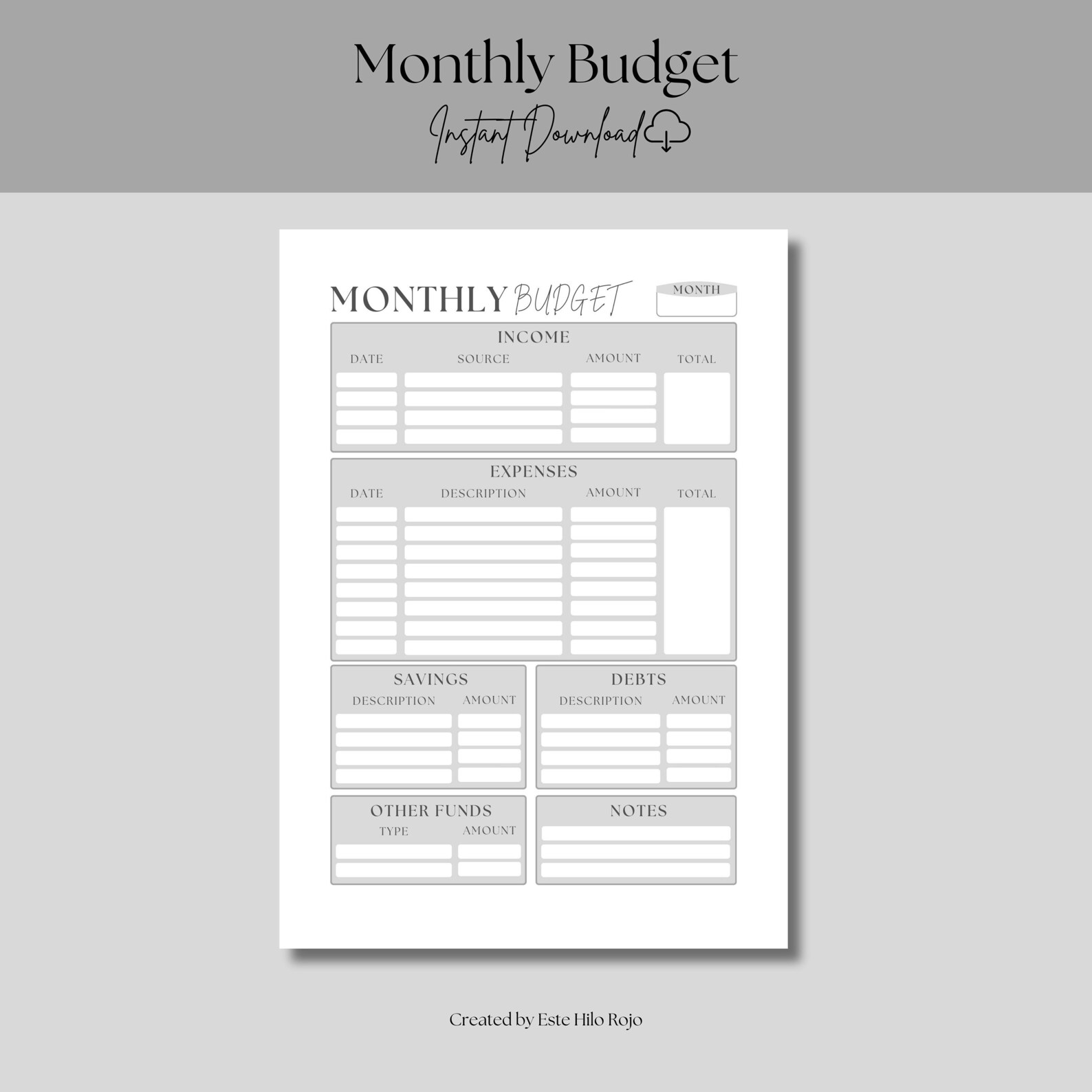 Monthly Budget Planner, Budget Tracker | Editable, Fillable PDF + JPEG ...