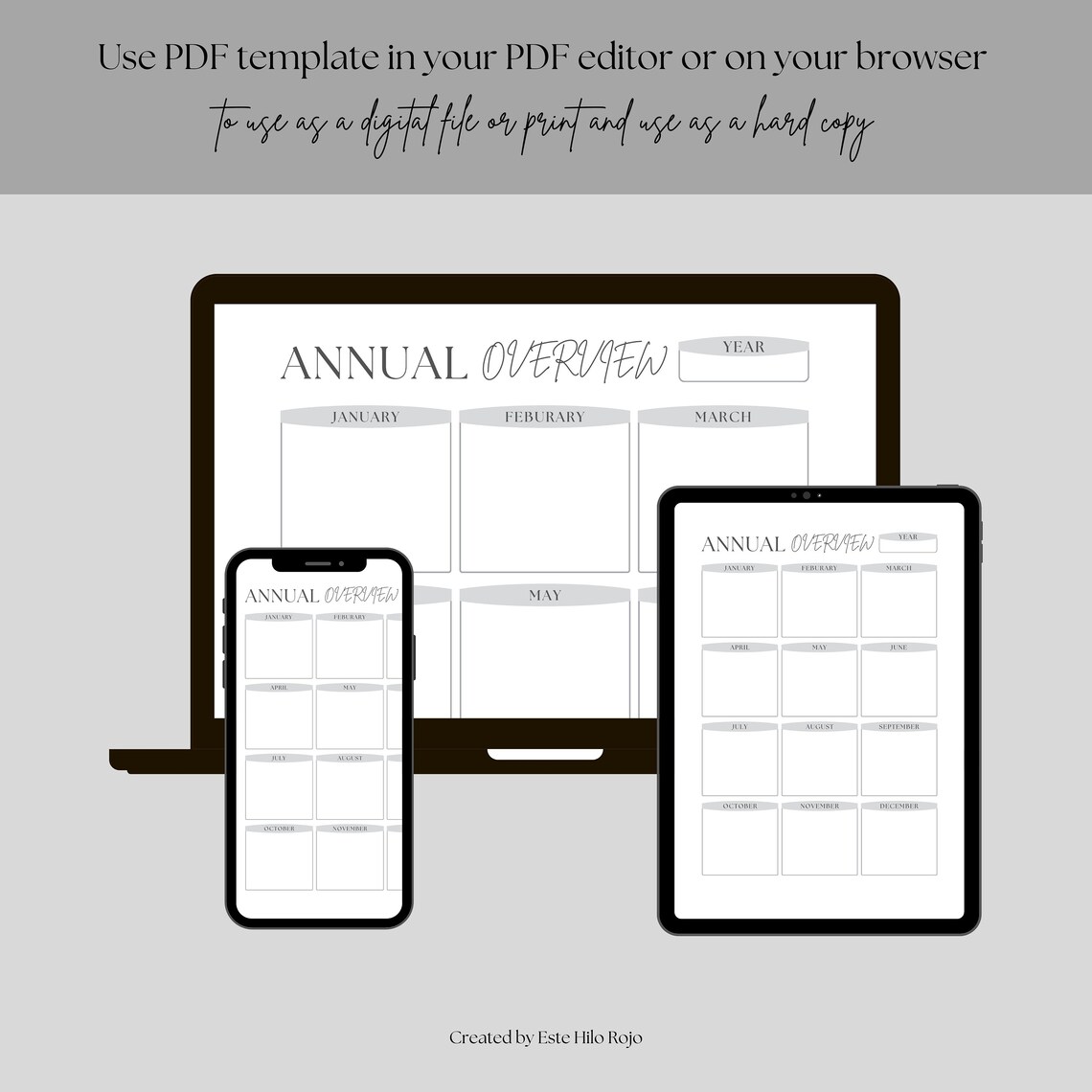 Annual Overview Planner, Yearly Organiser Editable, Fillable PDF JPEG ...