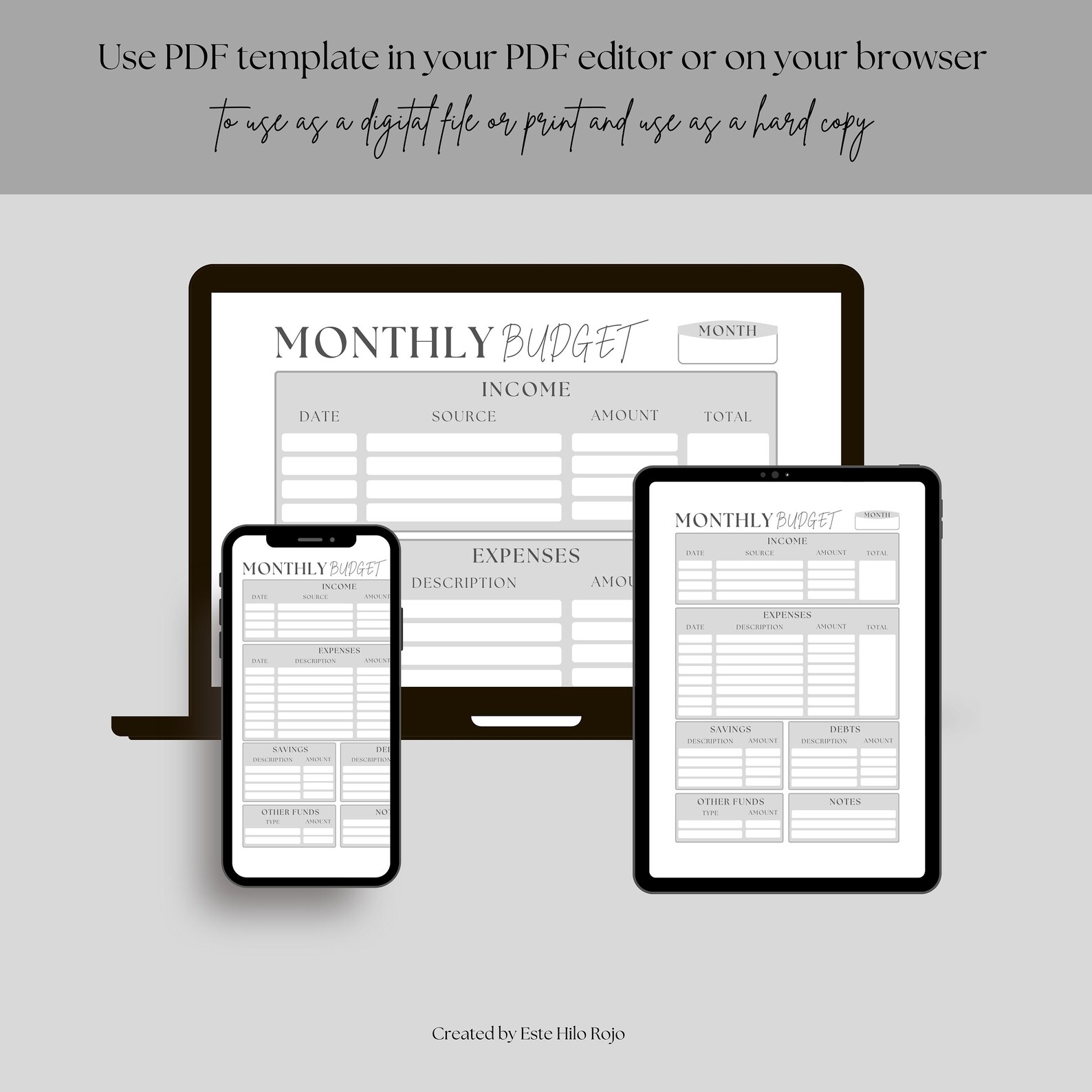 Monthly Budget Planner, Budget Tracker | Editable, Fillable PDF + JPEG ...