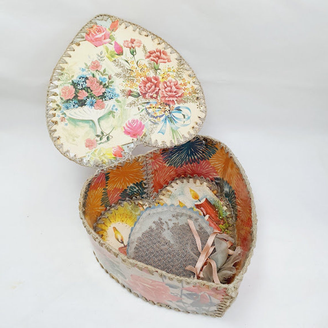 Vintage Folk Art Memory Box Card Basket Heart With Roses Dates - Etsy