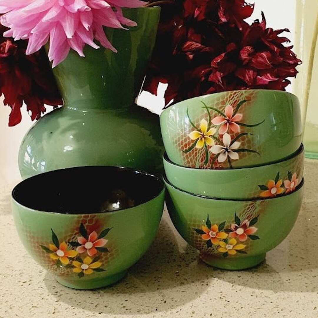 Adorable Set Four Made in Japan Bowls Green Retro Vintage Rice Bowls ...