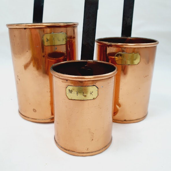 Copper Retro Set of Three Milk Pots with wrought iron handles Original ...