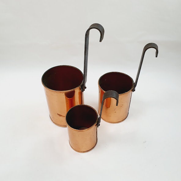 Copper Retro Set of Three Milk Pots with wrought iron handles Original ...