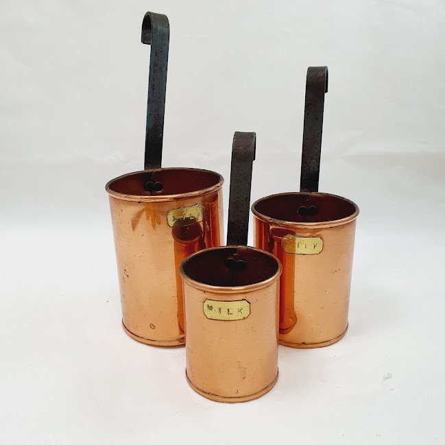 Copper Retro Set of Three Milk Pots with wrought iron handles Original ...