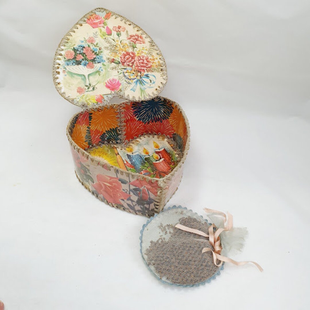 Vintage Folk Art Memory Box Card Basket Heart Shape With Roses Dates ...