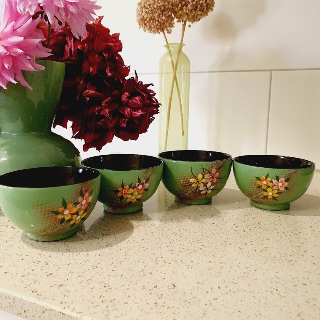 Adorable Set Four Made in Japan Bowls Green Retro Vintage Rice Bowls ...