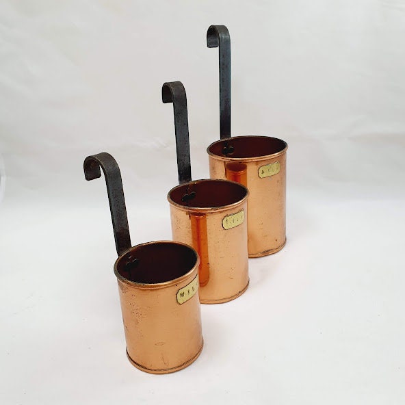 Copper Retro Set of Three Milk Pots with wrought iron handles Original ...