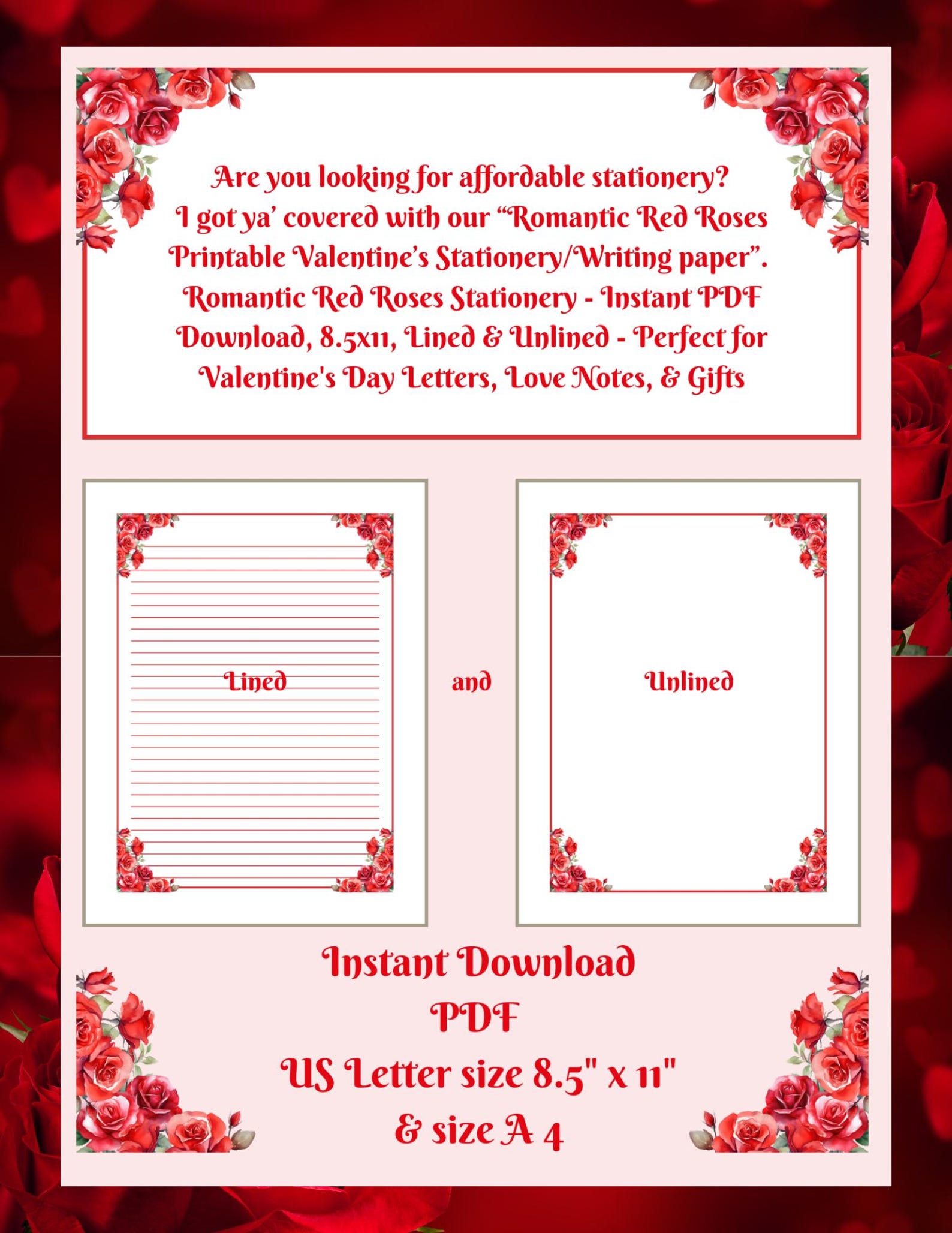 Printable Red Rose Stationery Set: Lined & Unlined (digital Download ...