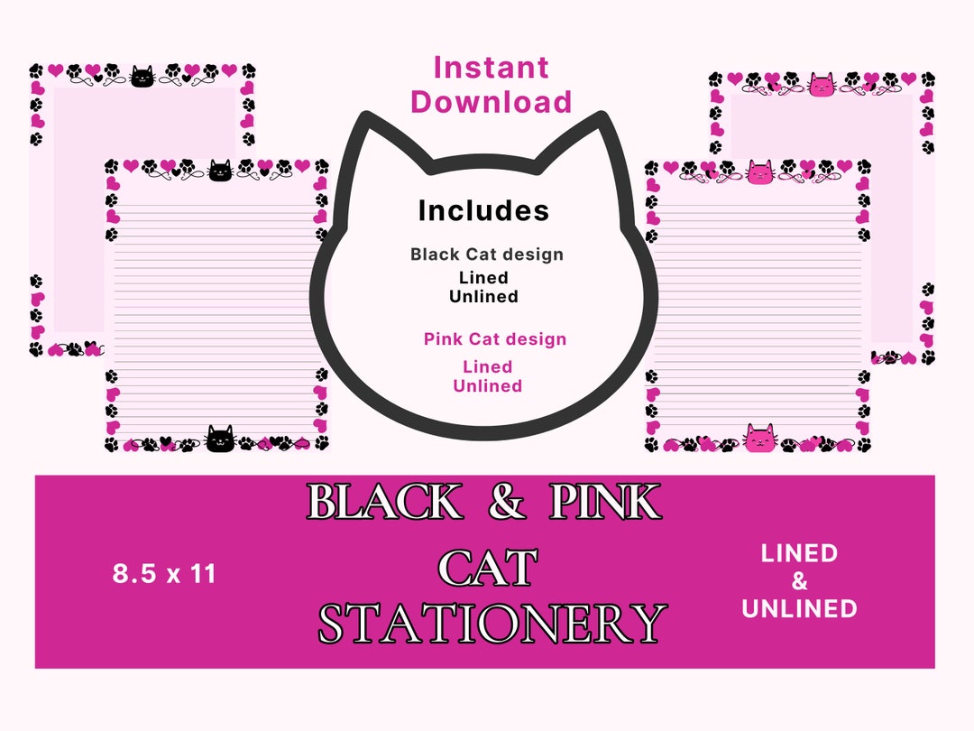 Black and Pink Cat Stationery, Printable Stationery, Printable Paper ...