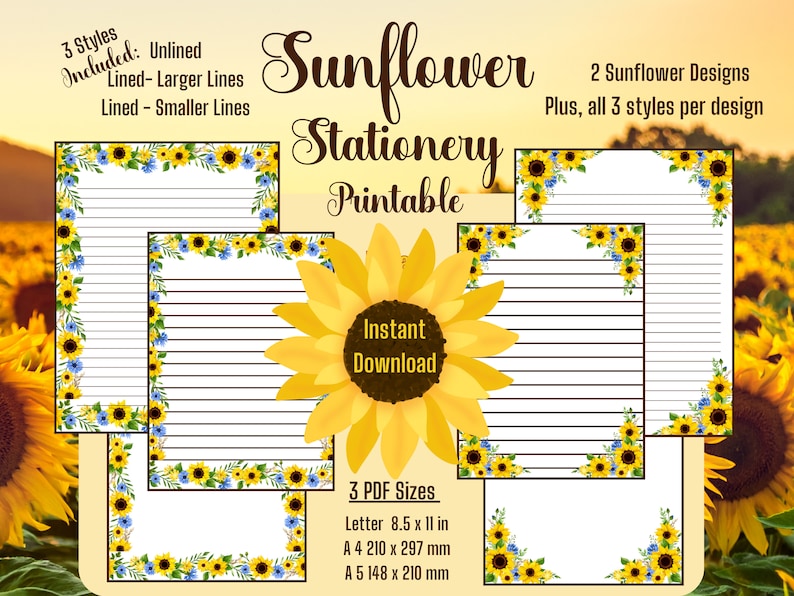Printable Stationery Sunflower Design, Printable Sunflower, Letter ...