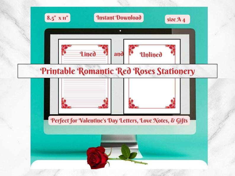 Printable Red Rose Stationery Set: Lined & Unlined (digital Download ...