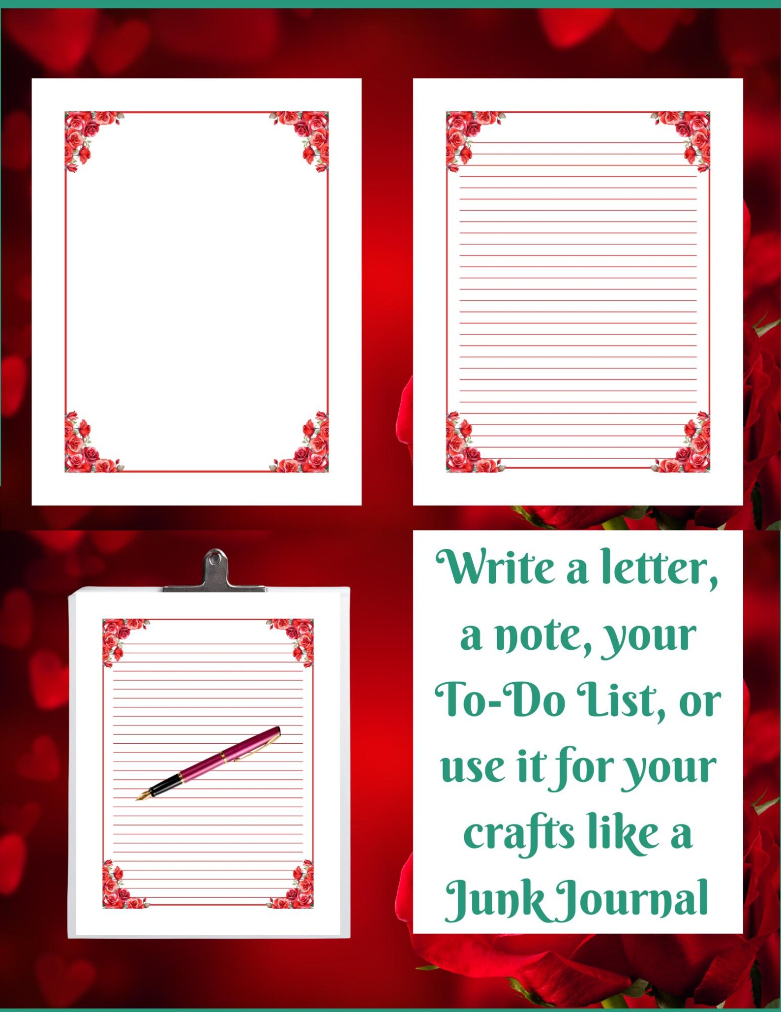 Printable Red Rose Stationery Set: Lined & Unlined (digital Download ...