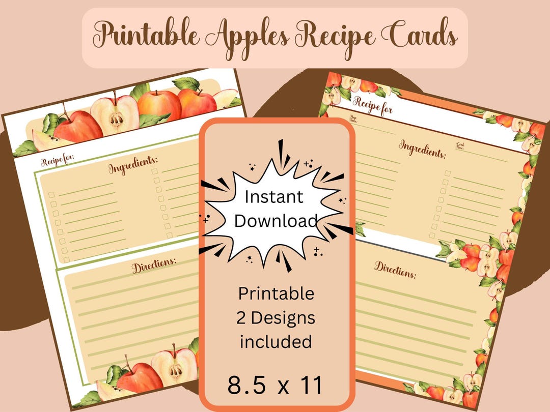 Printable Recipe Page, Apples Design Recipe Card, Full Page Printable ...