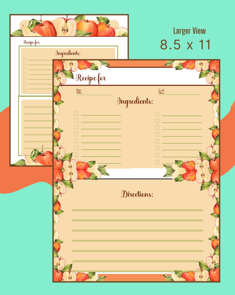 Printable Recipe Page, Apples Design Recipe Card, Full Page Printable ...