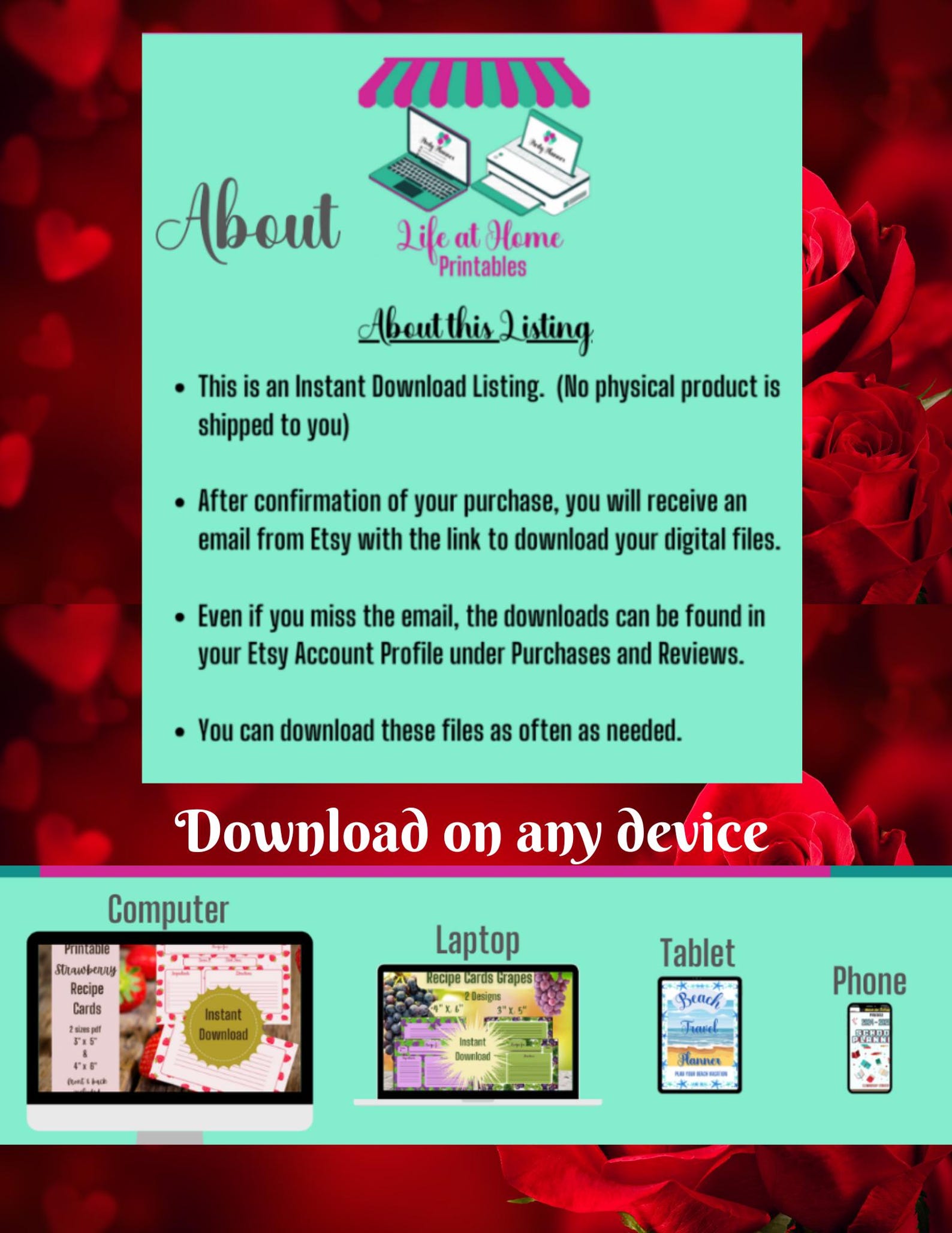 Printable Red Rose Stationery Set: Lined & Unlined (digital Download ...