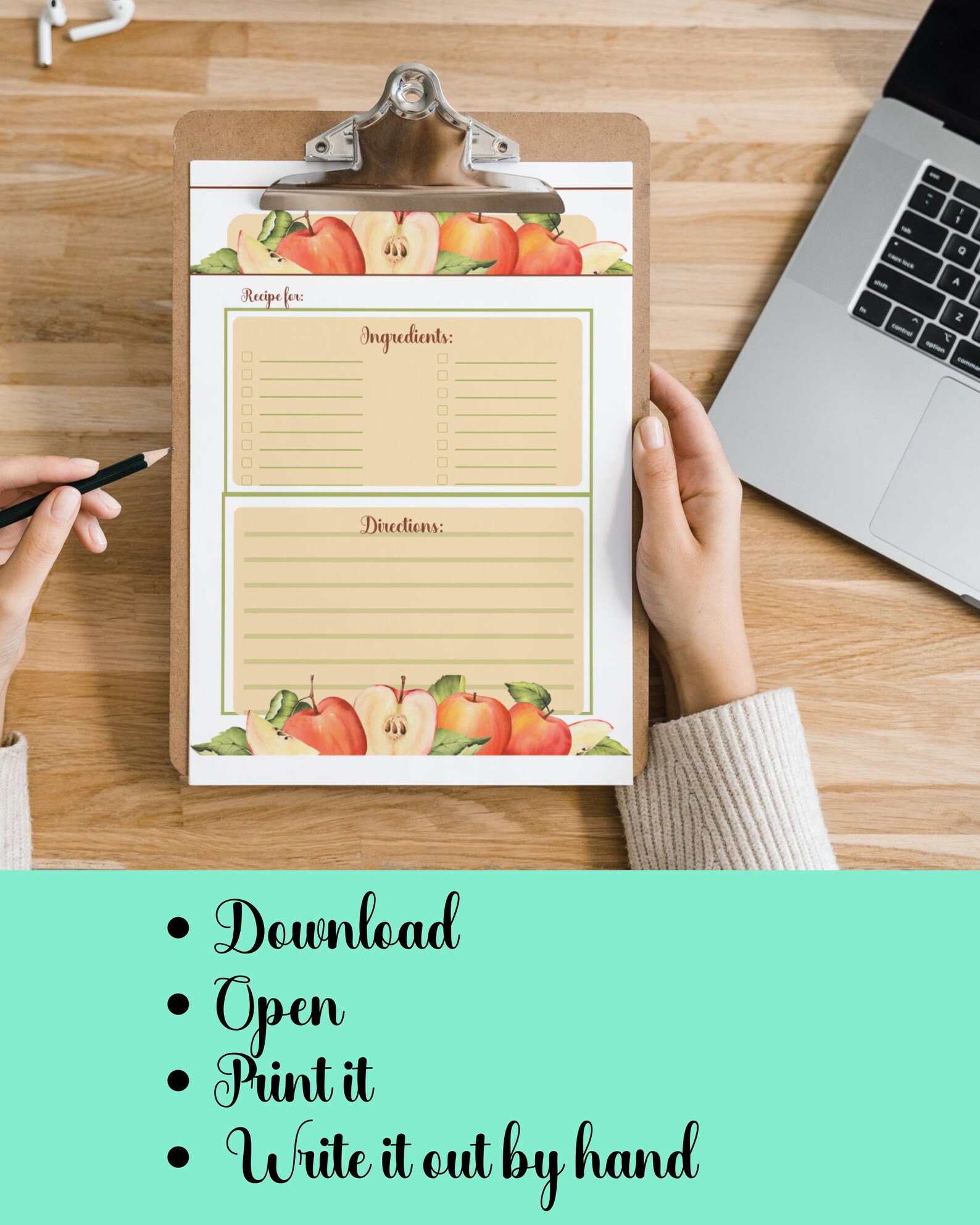 Printable Recipe Page, Apples Design Recipe Card, Full Page Printable ...