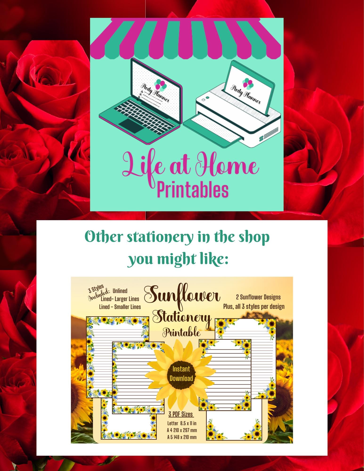 Printable Red Rose Stationery Set: Lined & Unlined (digital Download ...