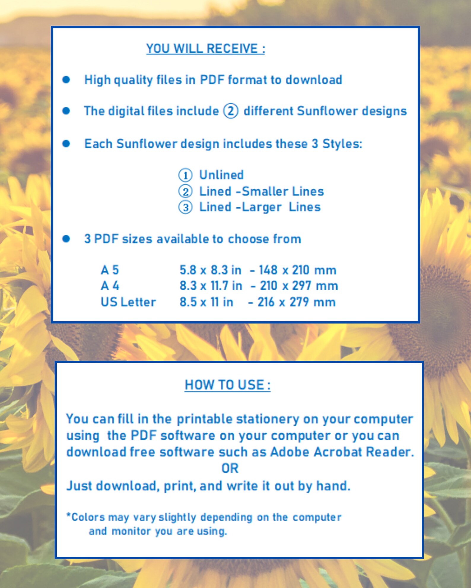 Printable Stationery Sunflower Design, Printable Sunflower, Letter ...