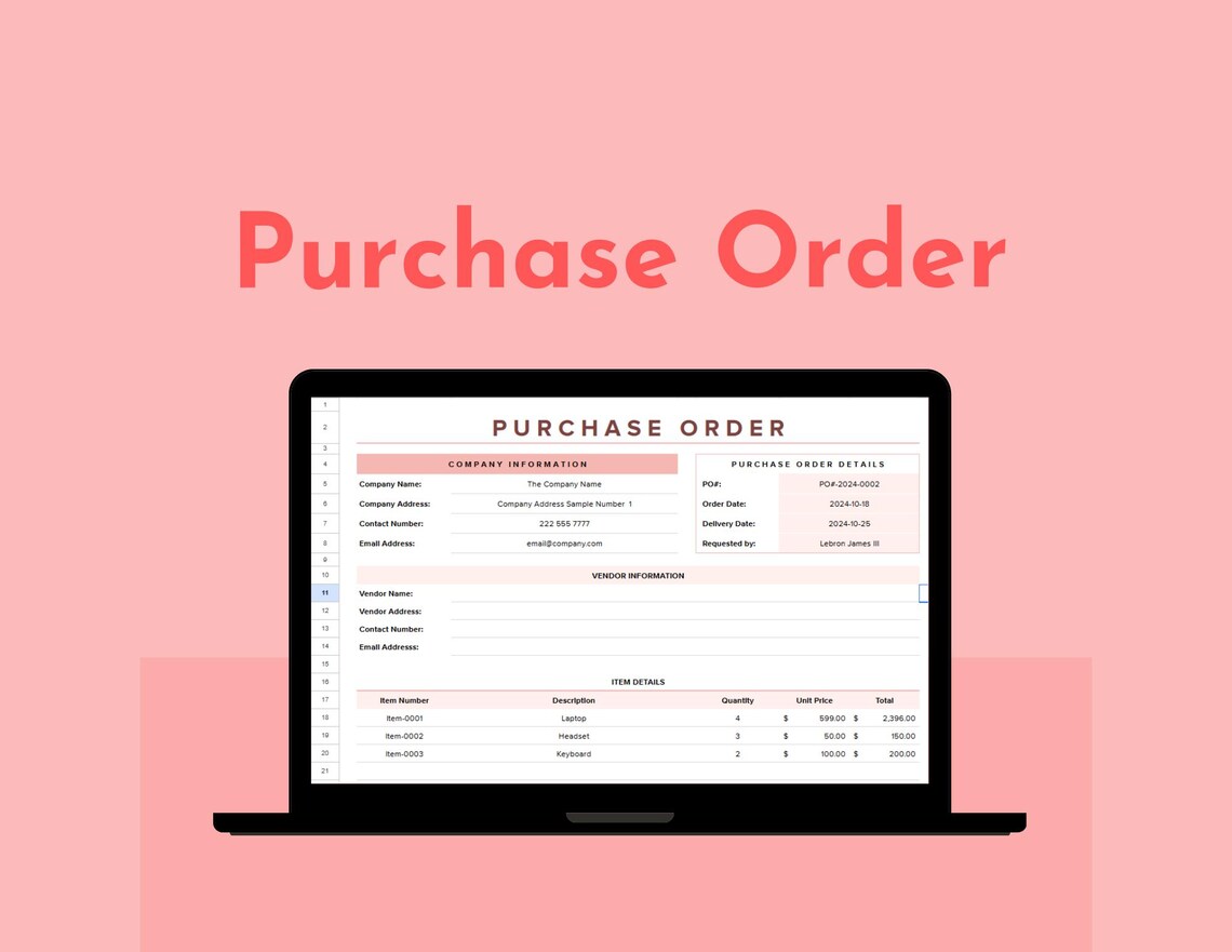 Purchase Order Template, Editable Google Sheets Format, Professional ...