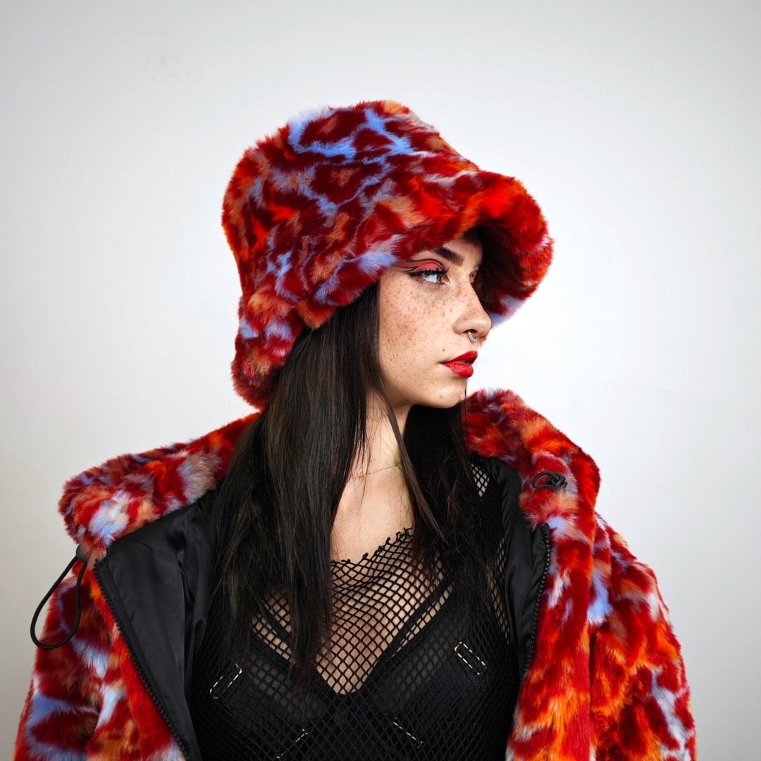 Leopard Faux Fur Bucket Red Neon Animal Print Hat Festival Furry Cap ...