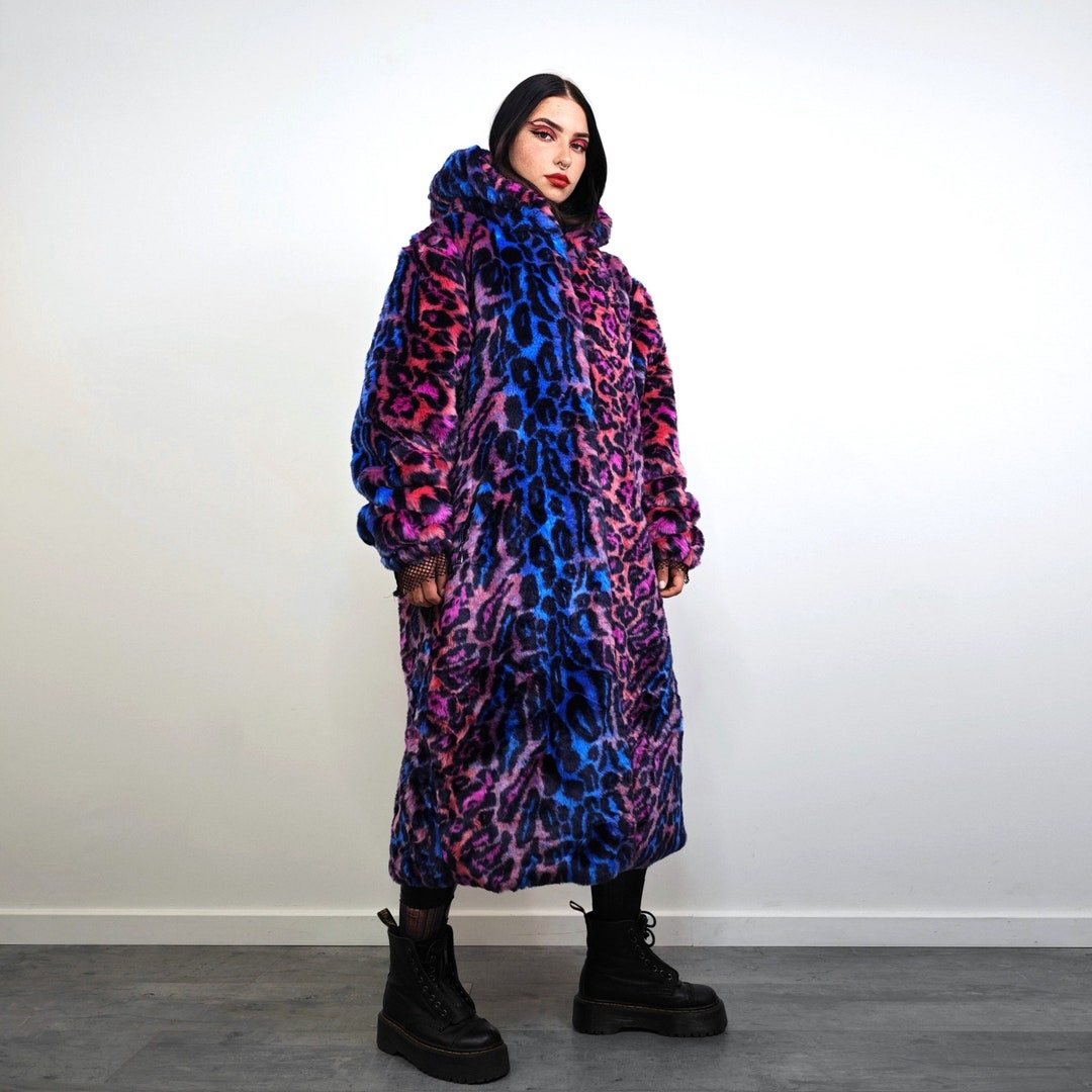 Leopard Faux Fur Coat Blue Neon Animal Print Festival Jacket Long Furry ...