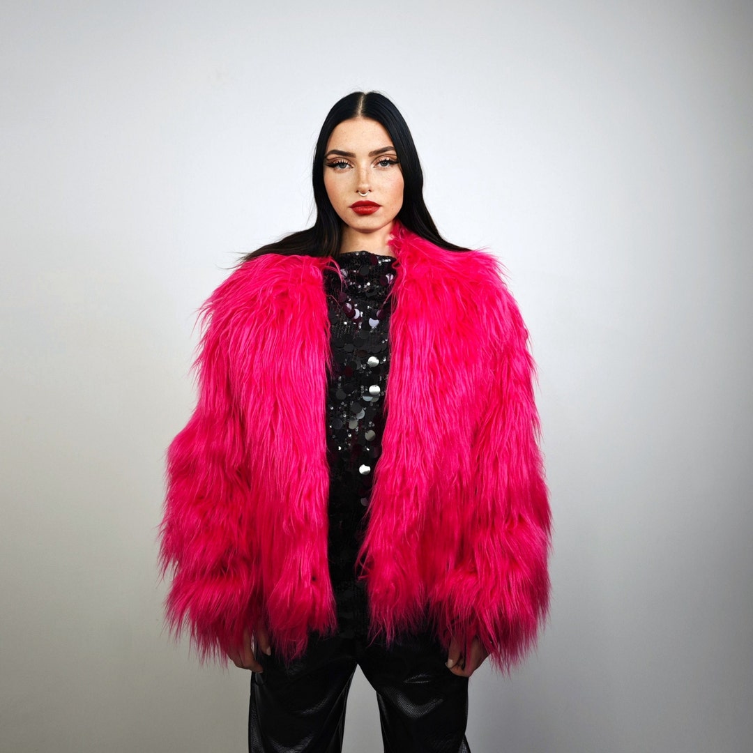 Neon Faux Fur Coat Shaggy Cropped Trench Festival Short Jacket Fuzzy ...