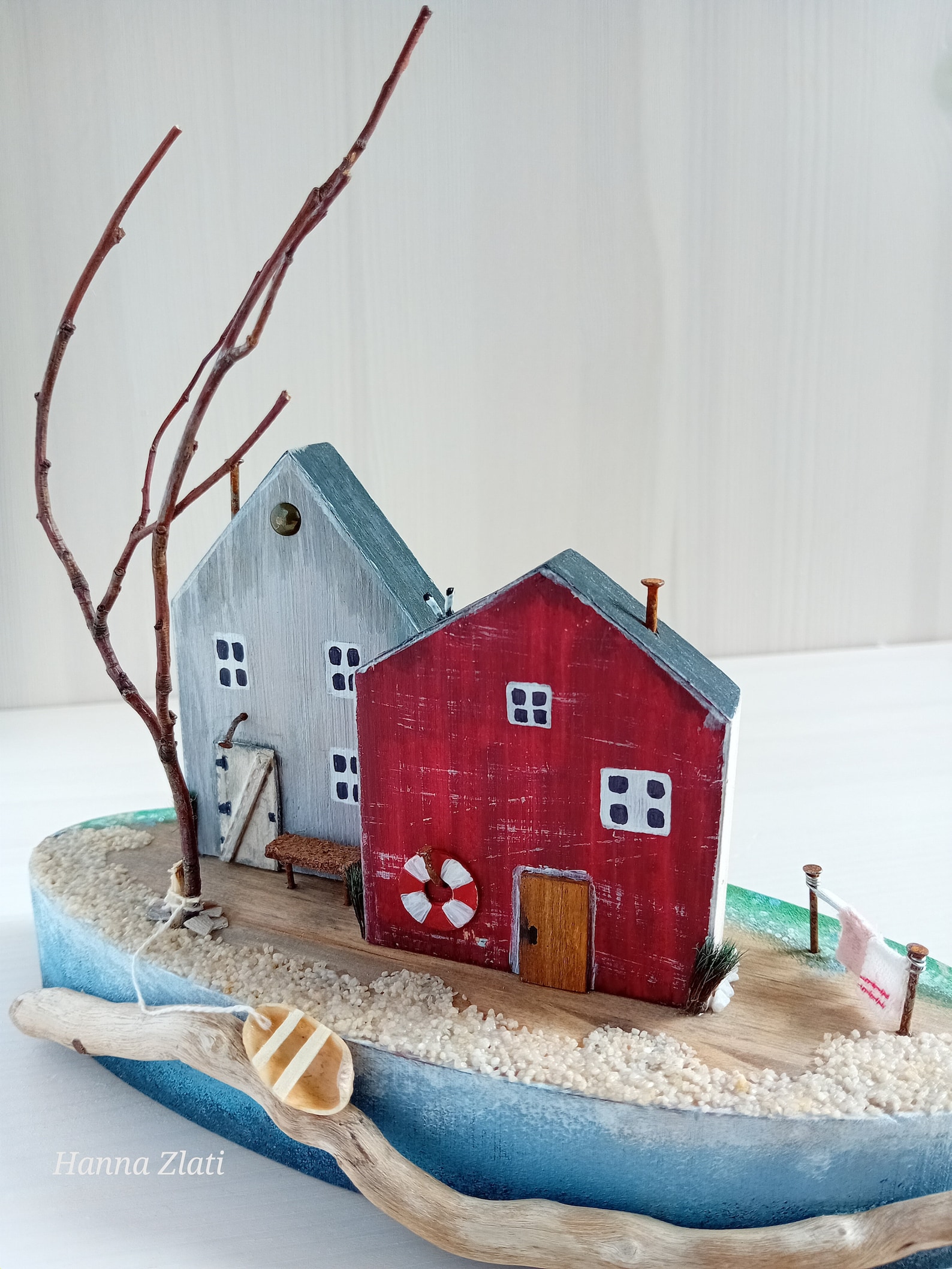 Small Village,two Sided Handcrafted Beachy Town Mini Scene,wooden ...