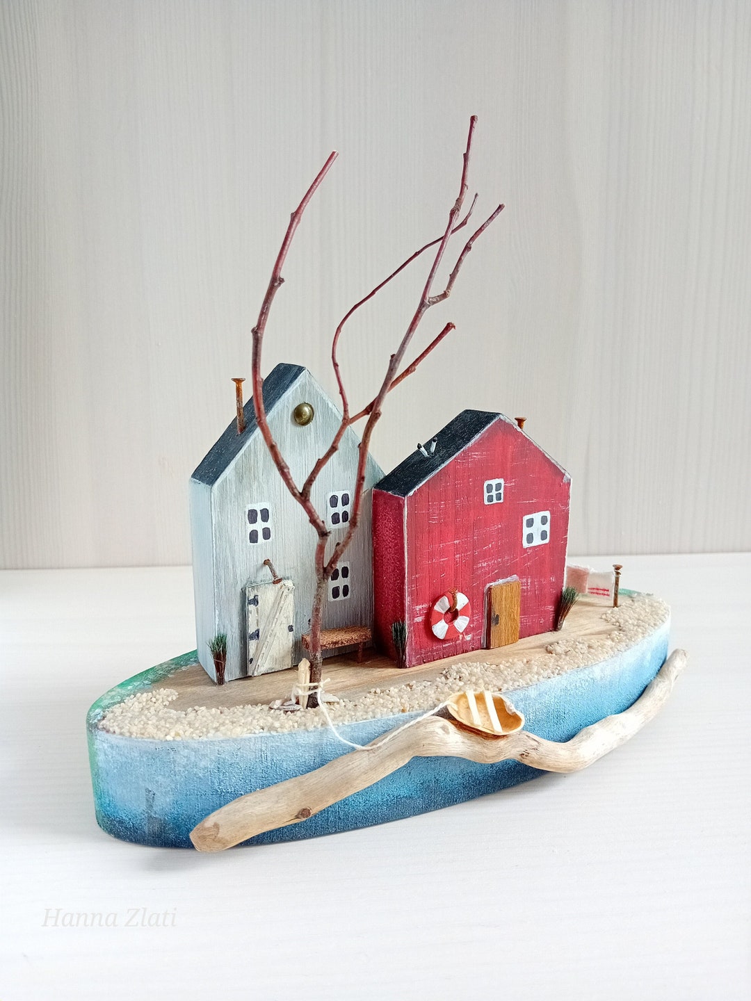 Small Village,two Sided Handcrafted Beachy Town Mini Scene,wooden ...