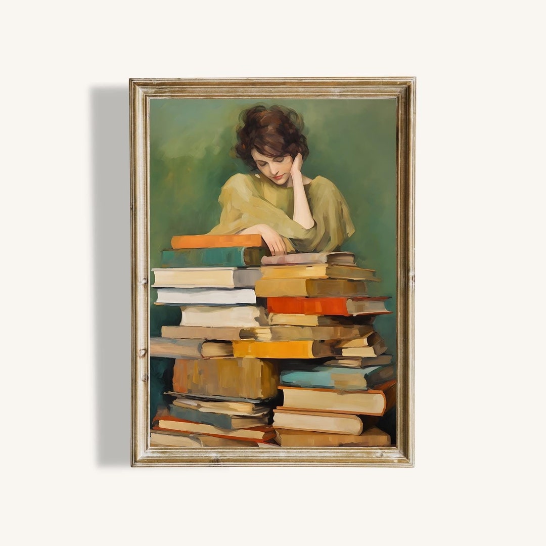 Reading Woman, Stack of Books, Book Lover Print, Bookworm Printable Art ...
