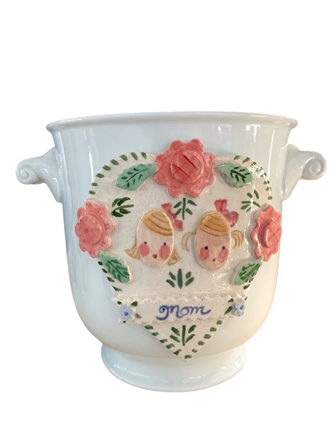 Cache Pot With Childrens Faces in a ,handmade Cache Pot, White Flower ...