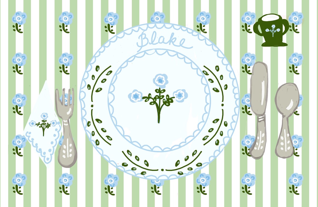 Blake Placemat, Pale Green Striped Block Print Laminated Placemats ...