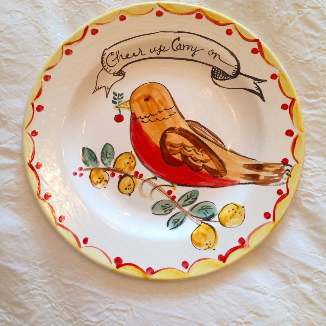 Ceramic Robin Plate ,"cheer up Carry On" , Handpainted Plate , Ceramic ...