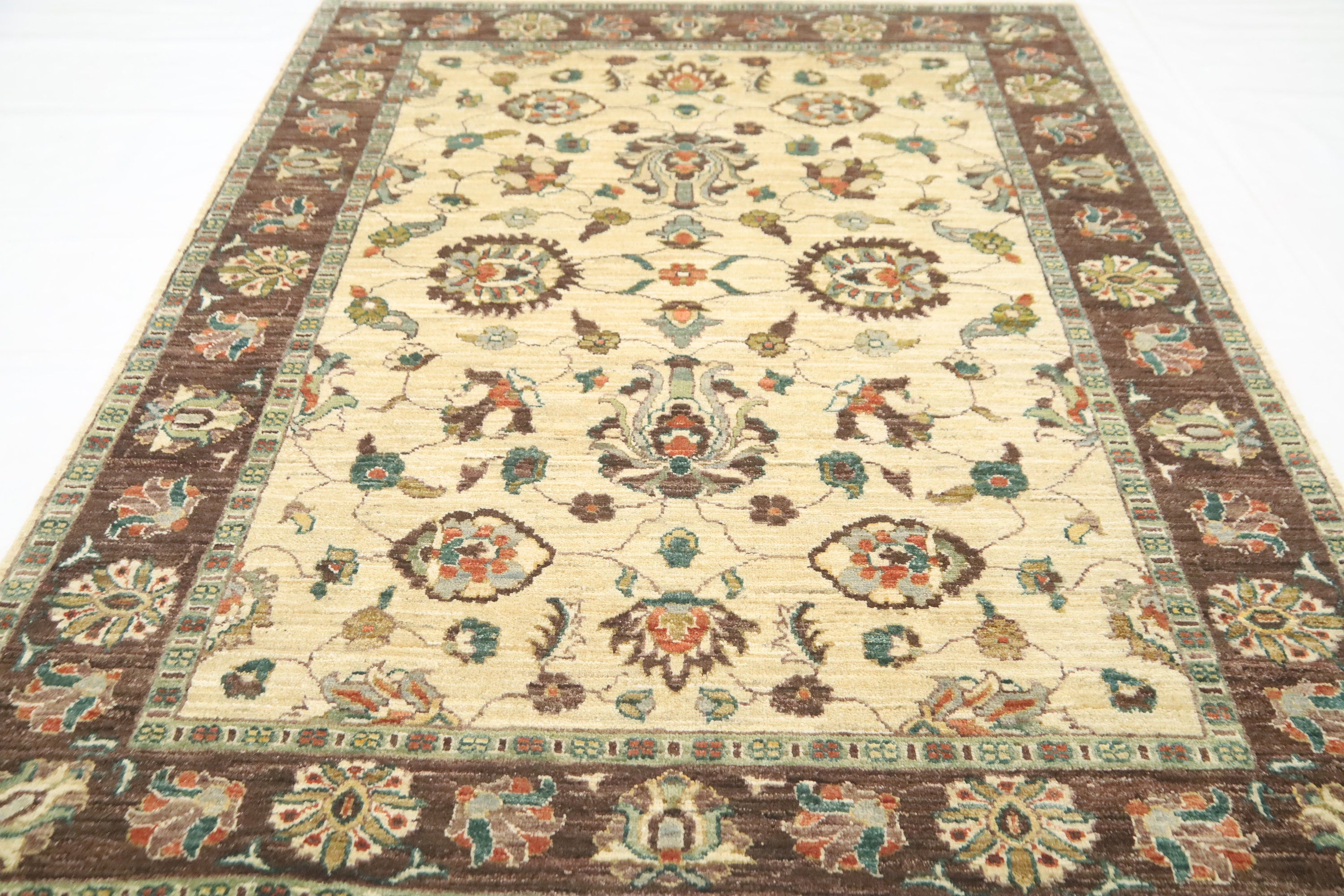 5x7 Chobi Area Rug Beige Brown Wool Rug Afghan Handmade Rug Floral Rugs ...