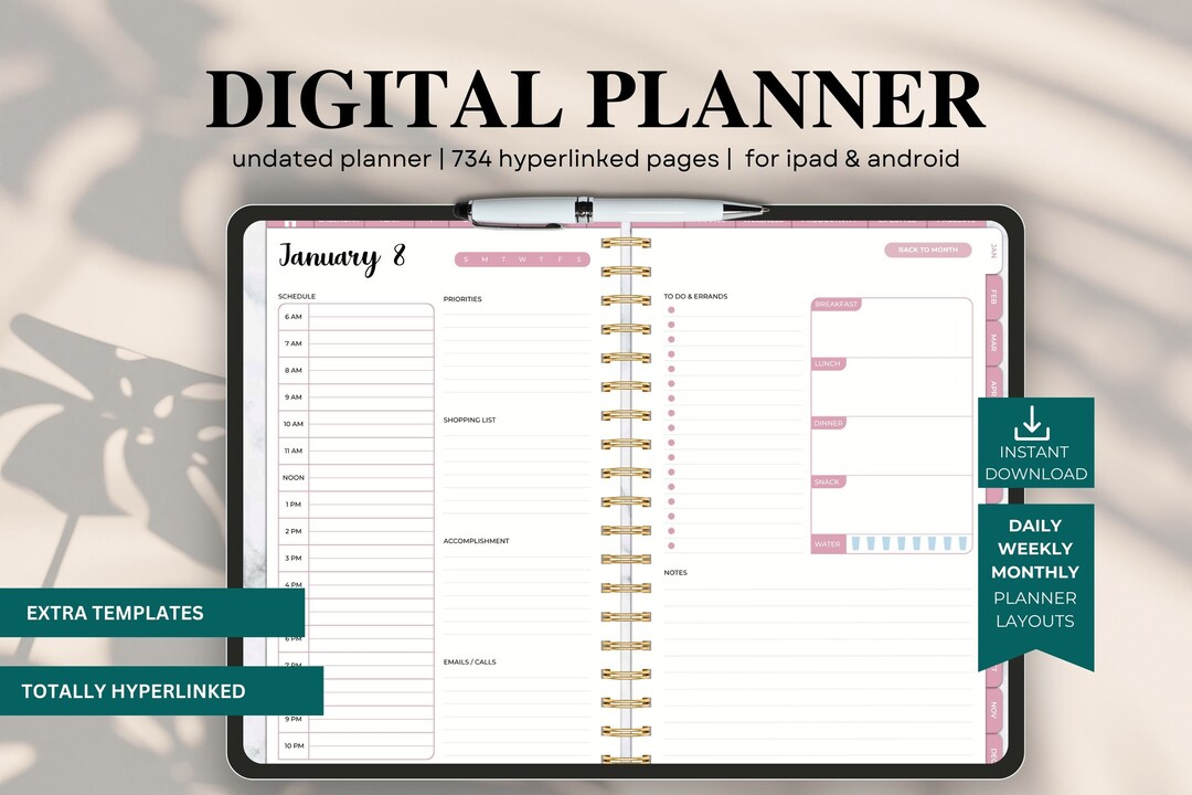 All in One Pink Undated Goodnotes Planner, Monthly Digital Planner ...